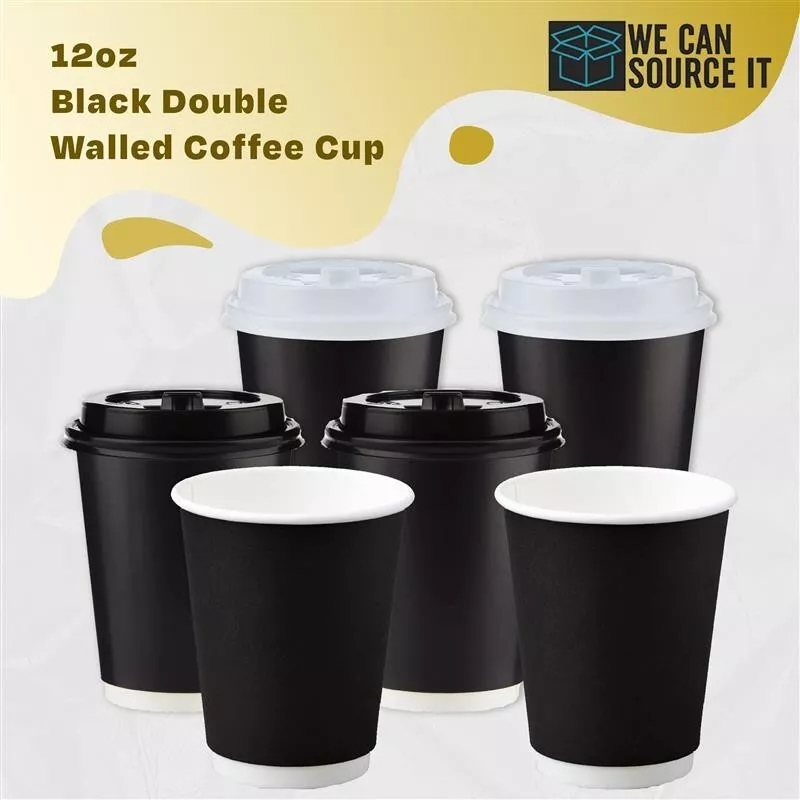 Double Wall Disposable Coffee Cups with Lids – 8oz/12oz | Black, Kraft ...